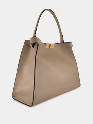 Fendi Large Dove Grey Calfskin Shoulder Bag With Gold-tone Turn Lock - Beige