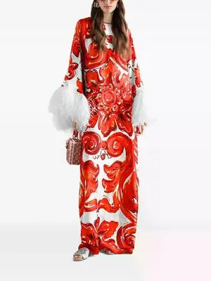 Dolce & Gabbana Majolica Print Long Kaftan Dress With Feather Trim - Red