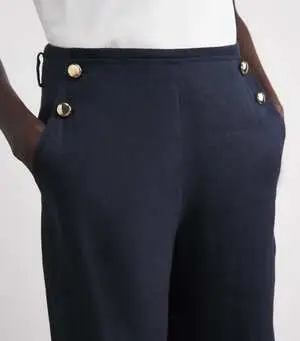Maje Linen-blend Wide-leg Trousers With Decorative Buttons - Blue