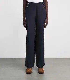 Maje Linen-blend Wide-leg Trousers With Decorative Buttons - Blue