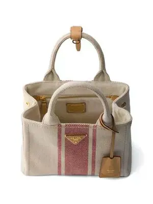Prada Jardinière Small Cotton Canvas Bag With Striped Motif - Neutrals