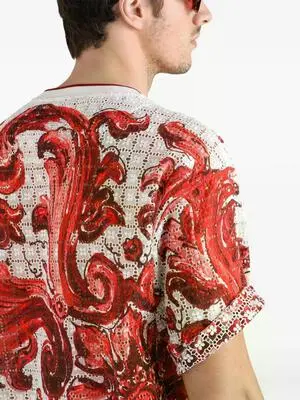 Dolce & Gabbana T-shirt In Majolica-print Broderie Anglaise Lace - Red