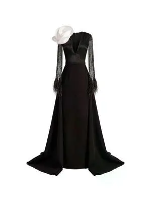 GATTINOLLI BY MARWAN Flower-detail Fringed Mermaid Gown - Black