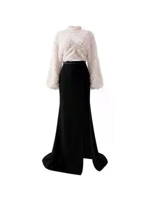 GATTINOLLI BY MARWAN Floral Motif Set With High Slit - Black