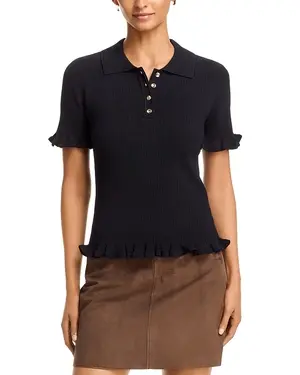 T Tahari Ribbed Knit Polo With Ruffle Trim - Black