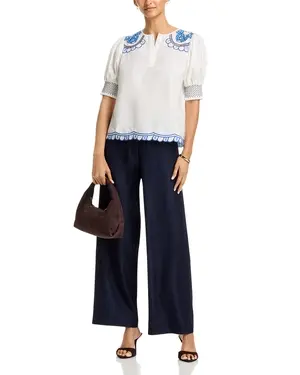 T Tahari Split V-neck Embroidered Blouse