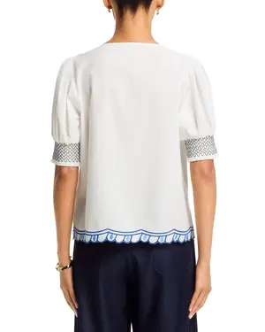 T Tahari Split V-neck Embroidered Blouse