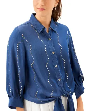 Karen Kane Blouson Sleeve Embellished Denim Shirt