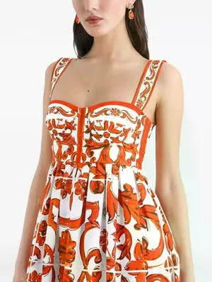 Dolce & Gabbana Majolica Print Cotton Poplin Bustier Dress - White