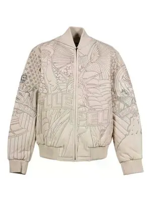 PELLE PELLE Ivory Leather Jacket With Embroidery And Ribbed Trim - Neutrals