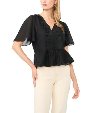 Vince Camuto V-neck Double Ruffle Top - Rich Black