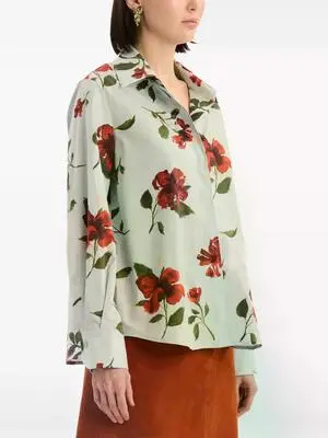 Oscar De La Renta Hibiscus Cotton Poplin Blouse