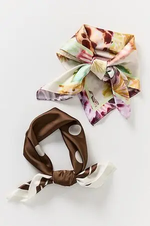 Anthropologie Set Of Two Satin Headscarves - Mint Shell/dot