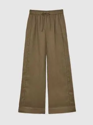 REISS Riley Linen Wide Leg Trousers - Khaki Green