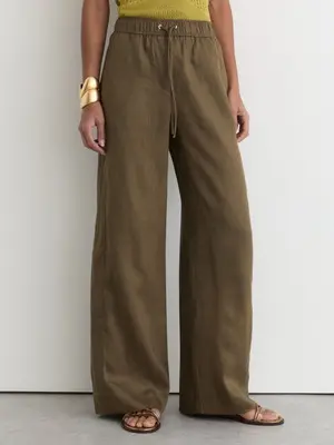 REISS Riley Linen Wide Leg Trousers - Khaki Green