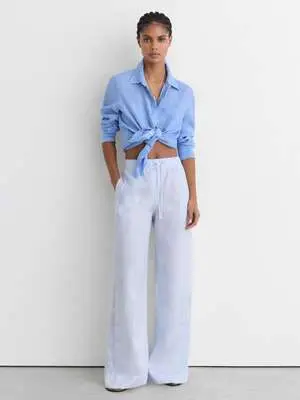 REISS Riley Linen Wide Leg Trousers - Silver Blue