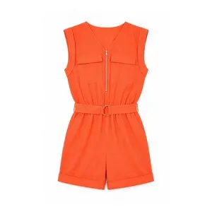 YUMI Utility Style Playsuit With V-neck And Belted Waist - Orange