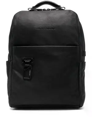 PIQUADRO Logo Plaque Leather Laptop Backpack - Black