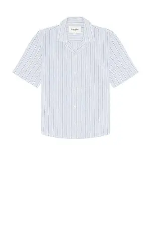 CORRIDOR Linen Broadstripe Short Sleeve Shirt - Blue