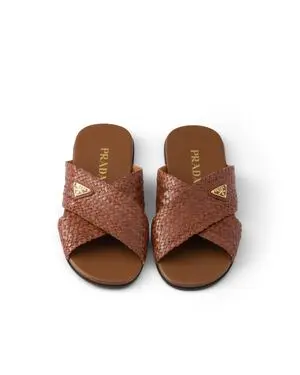 Prada Leather Crisscross Slides - Brown