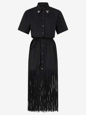 Pinko Cotton Shirt Dress With Fringe And Metallic Details - Black