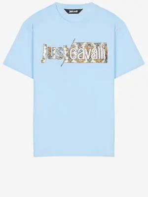 Just Cavalli Cotton T-shirt With Floral Logo - Azzurro