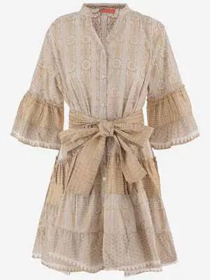 PEP'S CANNES Cotton Dress With Geometric Pattern And Puff Sleeves - Red