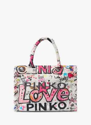 Pinko Cotton Shopper Bag With Fringe Detail And Graffiti Print