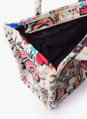 Pinko Cotton Shopper Bag With Fringe Detail And Graffiti Print