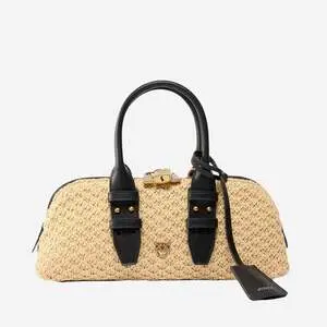 Pinko Escape Horizontal Bowling Bag In Leather And Raffia