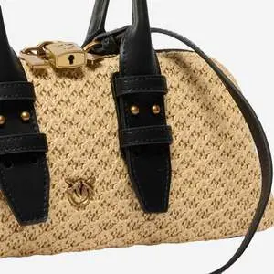 Pinko Escape Horizontal Bowling Bag In Leather And Raffia