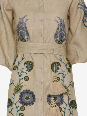 PHILIPPA 1970 Renee Linen Dress With Floral Embroidery