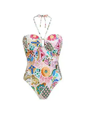 Seafolly Mosaic Print Halterneck Swimsuit - White