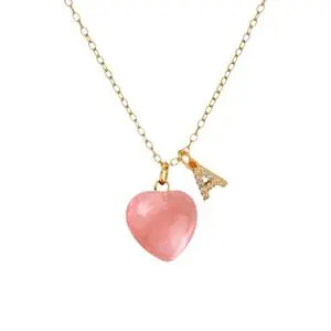 VALERIE CHIC Gold Plated Cherry Quartz Heart Charm Necklace With Zirconia Initial - Gold/red