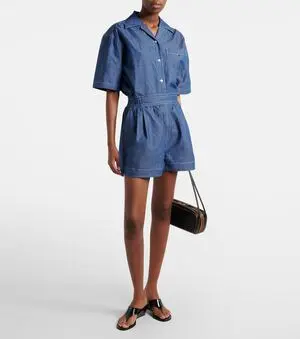 Prada Cotton And Linen Chambray Romper - Blue