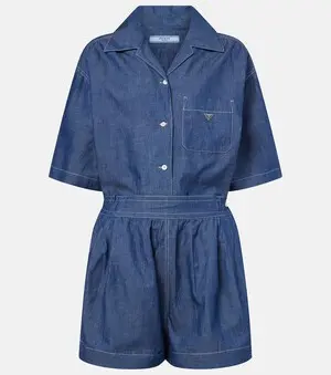 Prada Cotton And Linen Chambray Romper - Blue