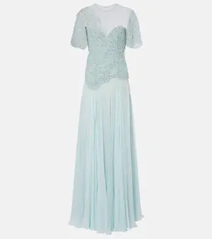 Costarellos Embellished Silk-blend Georgette Gown - Blue