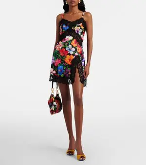 Dolce & Gabbana Floral Print Silk And Cotton-blend Mini Dress With Lace Trim