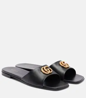 Gucci Double G Leather Slides - Black