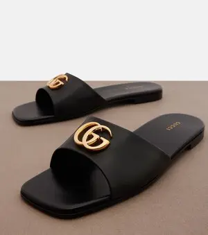Gucci Double G Leather Slides - Black