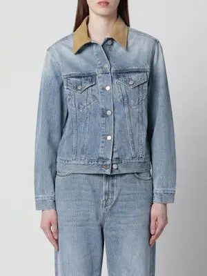 RÓHE Cropped Cotton Jacket With Velvet Collar - Denim