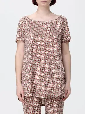 Malìparmi Floral Viscose Jersey Boat Neck Short Sleeve Top - Brown