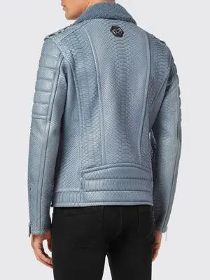 Philipp Plein Snake Leather Biker Jacket - Turquoise