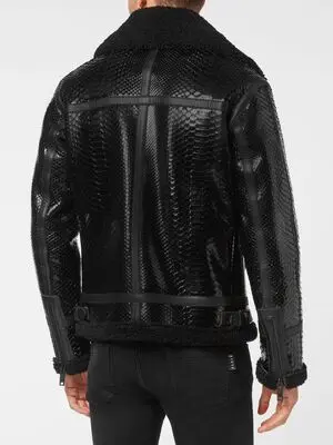 Philipp Plein Python Leather Jacket With Shearling Collar