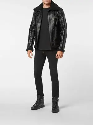 Philipp Plein Python Leather Jacket With Shearling Collar - Black