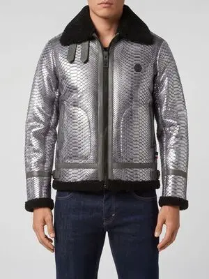Philipp Plein Python Pattern Leather Jacket With Shearling Collar - Silver