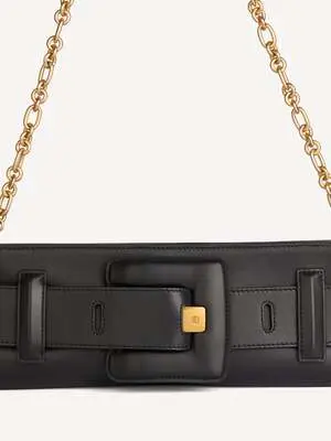 Balmain Anthem Smooth Leather Clutch With Belted Detailing And Chain Strap