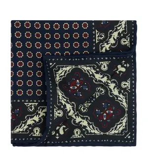 DUNHILL Mulberry Silk Floral Medallion Pocket Square