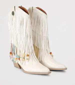 Kurt Geiger Leather Fringed Cowboy Boots - White