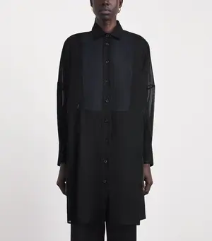 Eleventy Cotton Longline Dress Shirt With Ribbed Plastron